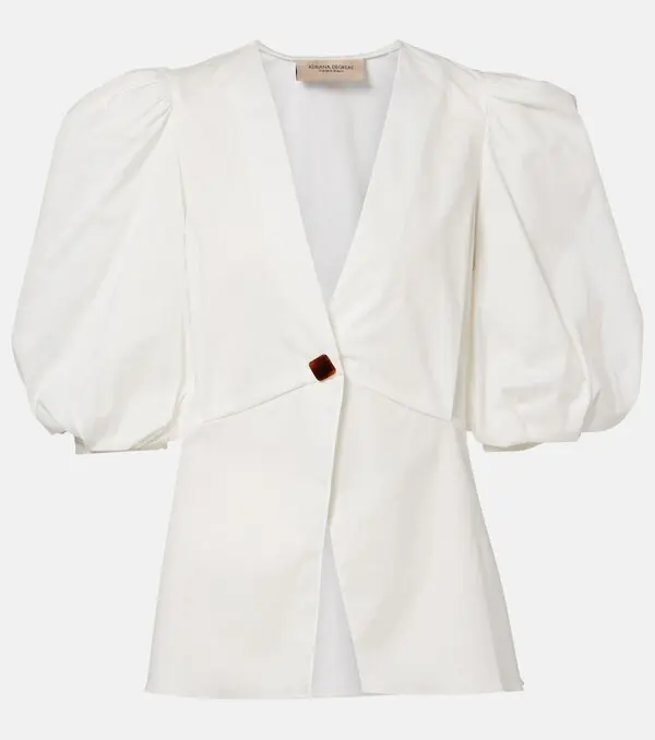 ADRIANA DEGREAS Cotton-blend Puff Sleeve Top - White