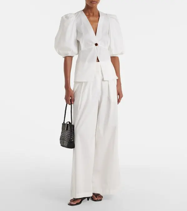 ADRIANA DEGREAS Cotton-blend Puff Sleeve Top - White