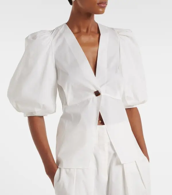 ADRIANA DEGREAS Cotton-blend Puff Sleeve Top - White