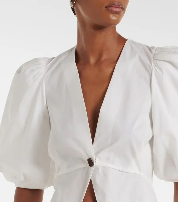 ADRIANA DEGREAS Cotton-blend Puff Sleeve Top - White