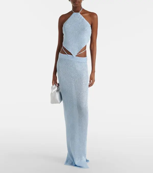 BANANHOT Alma Sequined Knitted Maxi Skirt - Blue