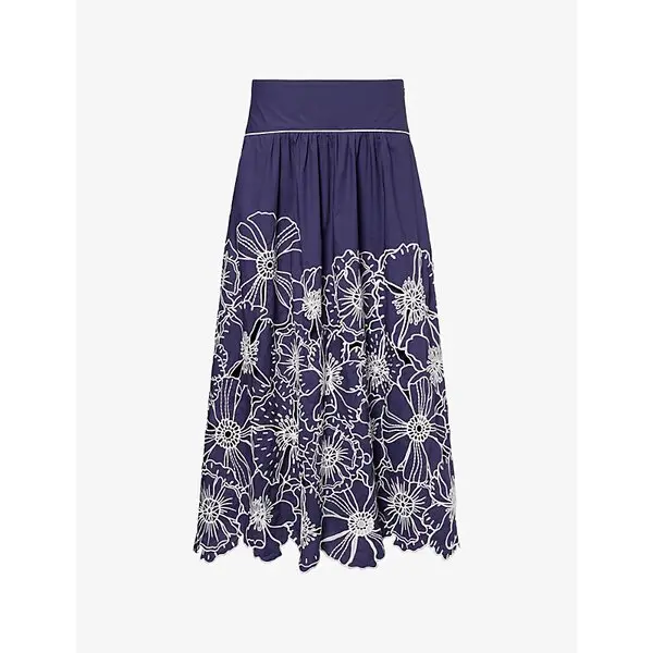Farm Rio Richelieu Embroidered Cotton Maxi Skirt - Blue