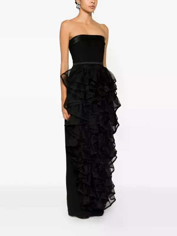 Viktor & Rolf Strapless Ruffled Wool Blend Maxi Dress - Black