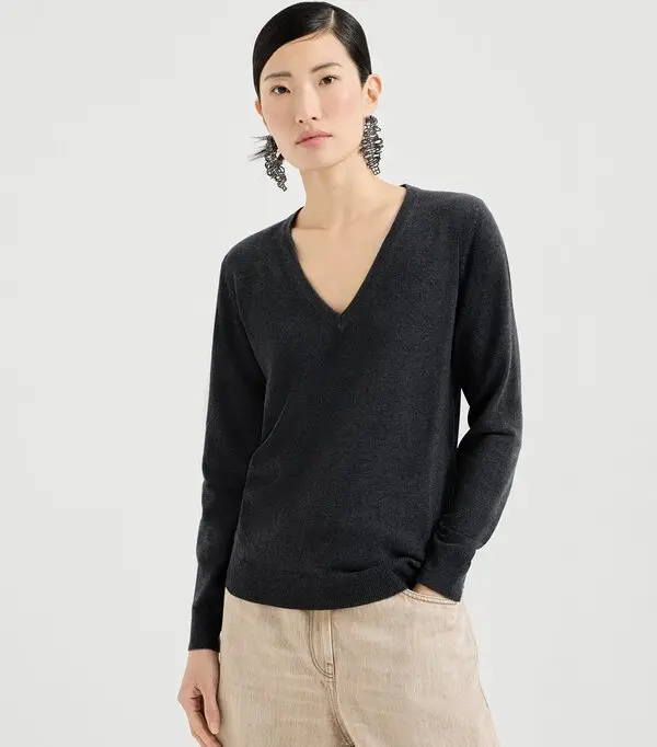 Brunello Cucinelli Cashmere V-neck Sweater With Monili Beading - Black