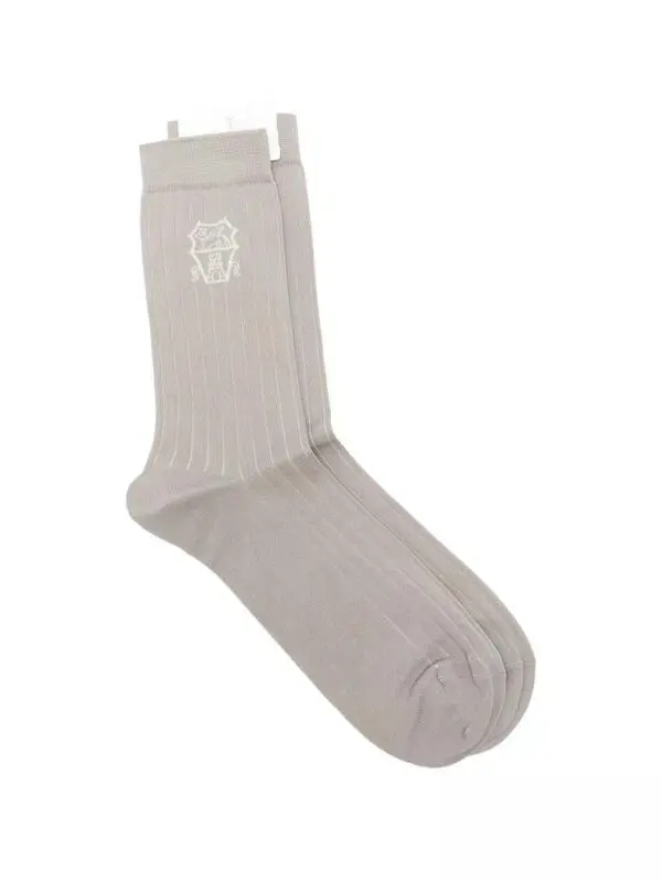 Brunello Cucinelli Ribbed Knit Crew Socks With Embroidered Logo - Neutrals