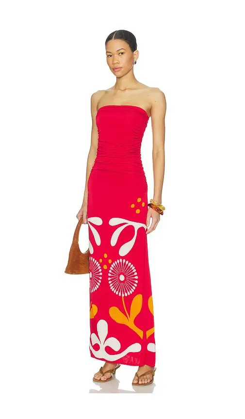 CALA DE LA CRUZ Strapless Maxi Dress With Floral Print - Red