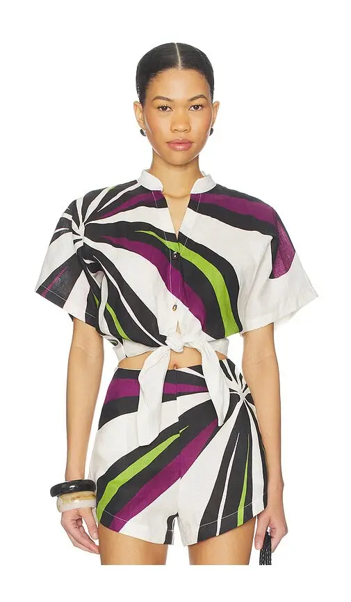 CALA DE LA CRUZ Printed Linen Cropped Shirt With Tie Detail - White,purple