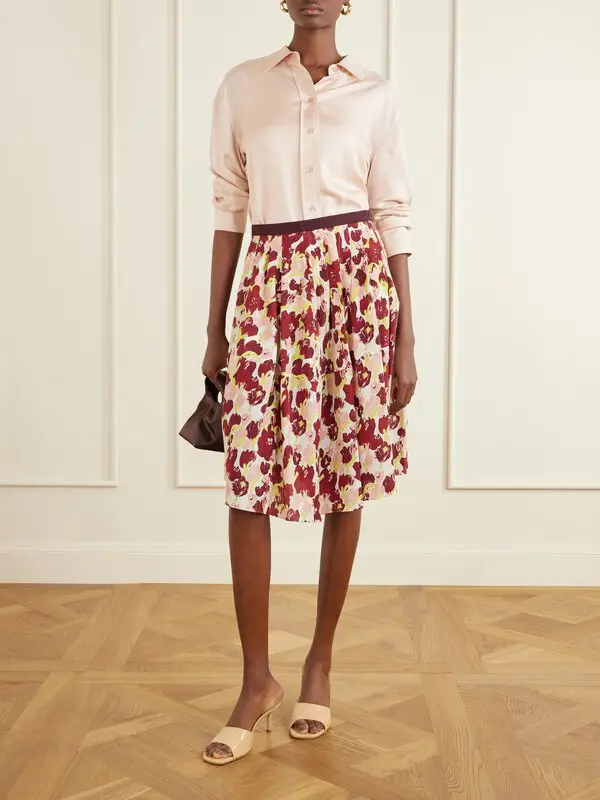 Marni Pleated Printed Silk Crepe De Chine Midi Skirt