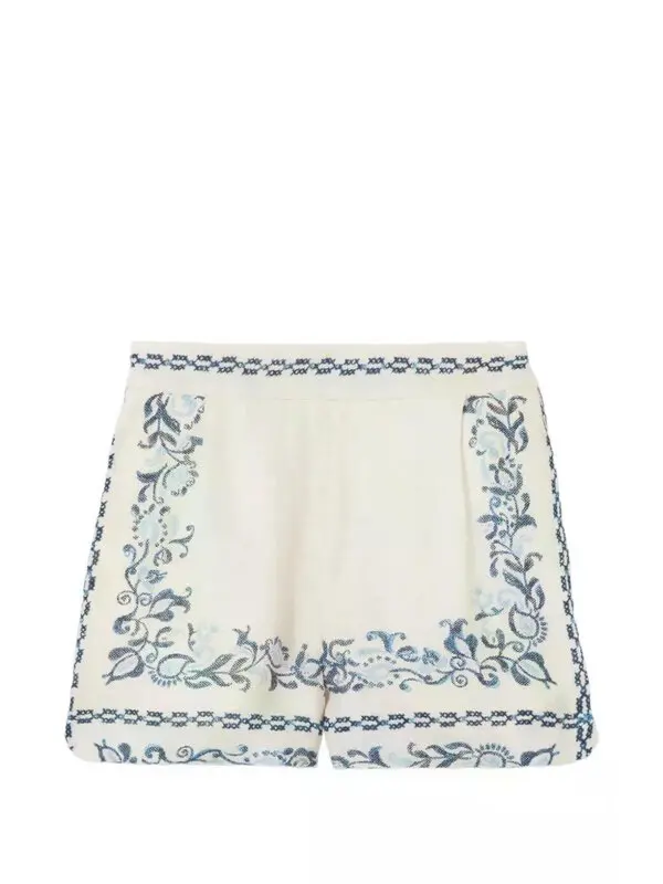 Claudie Pierlot Floral Print And Cross-stitch Shorts - Neutrals
