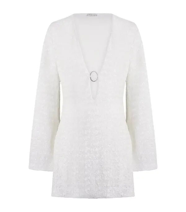 Oseree Sequinned Kaftan Mini Dress With Plunge Neckline - Ivory