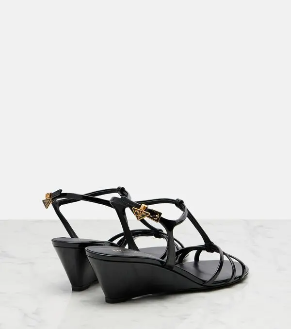 Prada Patent Leather Wedge Sandals With Buckle-fastening Ankle Strap - Black