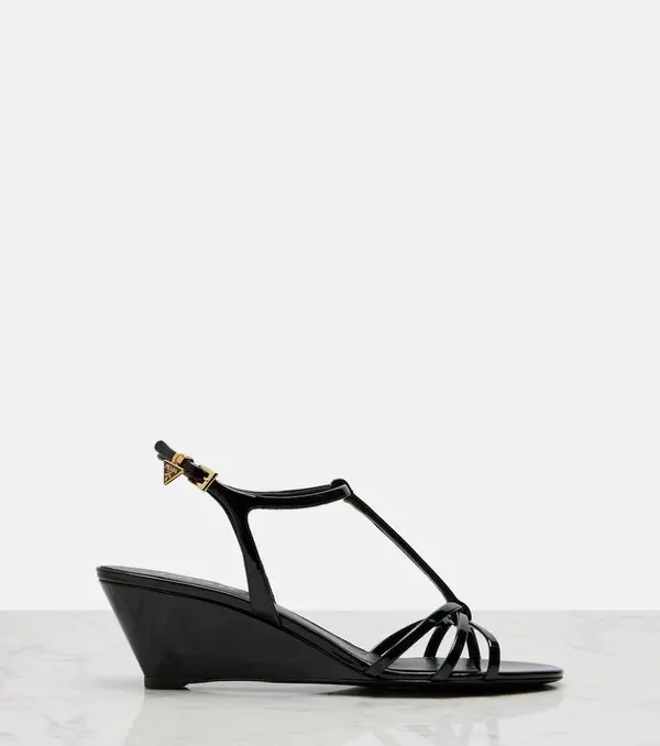 Prada Patent Leather Wedge Sandals With Buckle-fastening Ankle Strap - Black