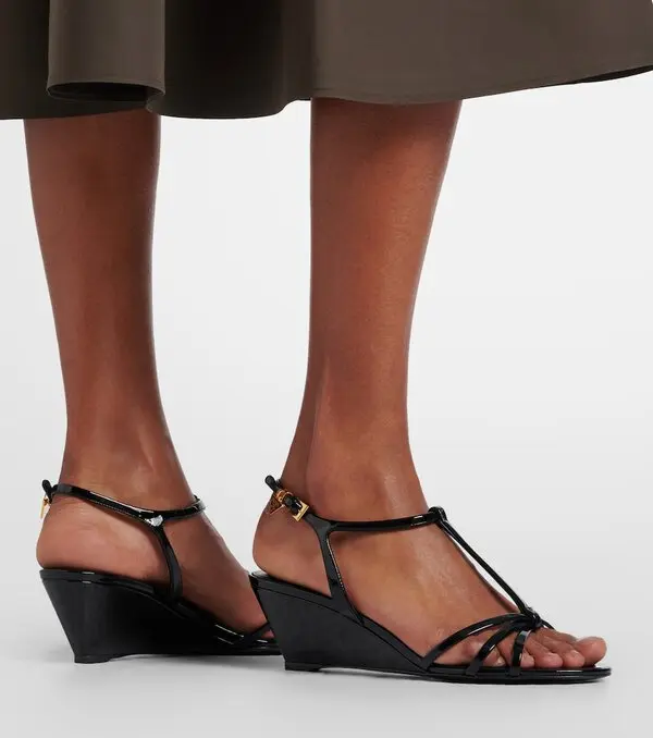 Prada Patent Leather Wedge Sandals With Buckle-fastening Ankle Strap - Black