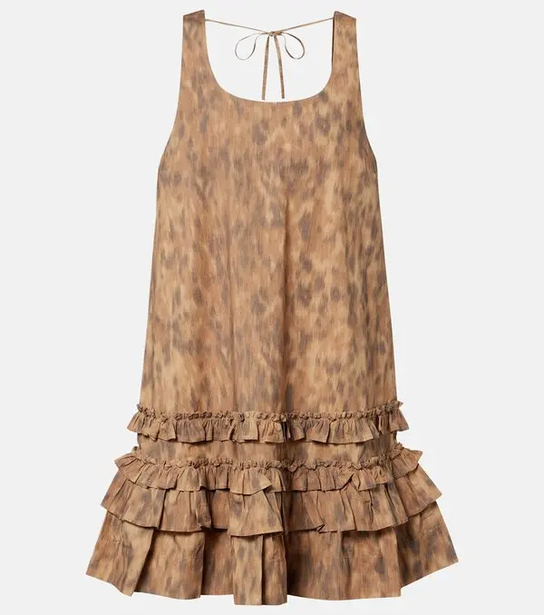 GANNI Ruffled Printed Cotton Mini Dress - Brown