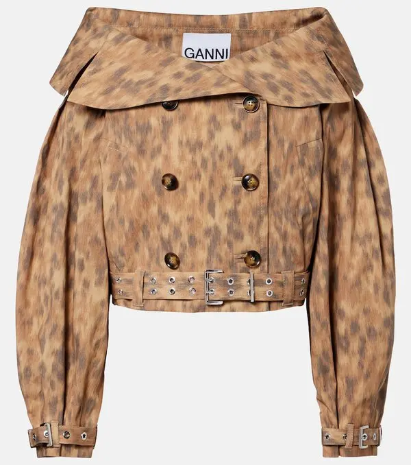 GANNI Printed Cotton-blend Double-breasted Jacket - Brown