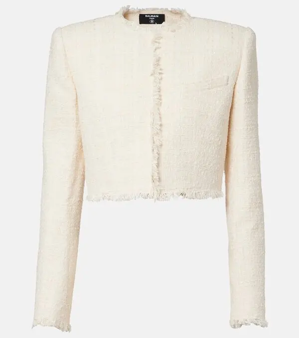 Balmain Cropped Fringed Tweed Jacket - White