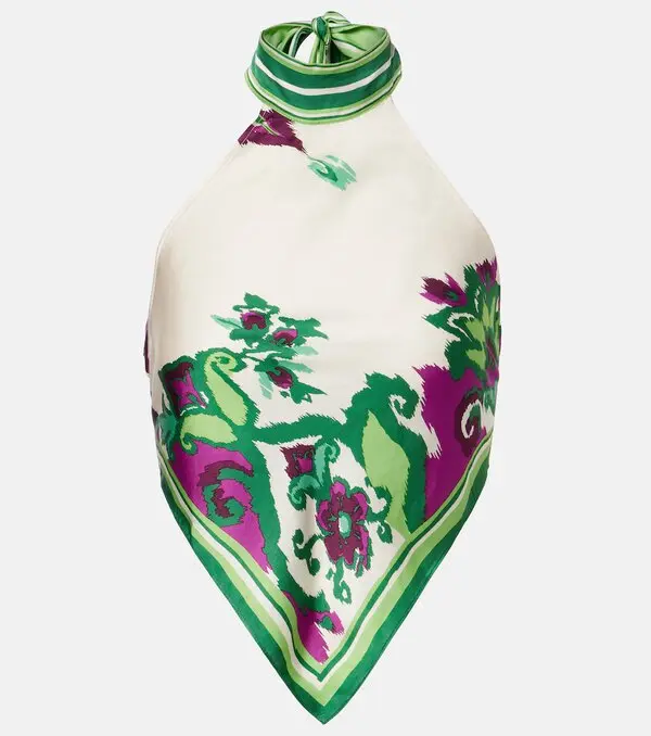 Poupette St Barth Guilia Halterneck Satin Top In Aura Print - Green