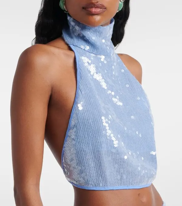 Oseree Sequined Halterneck Crop Top