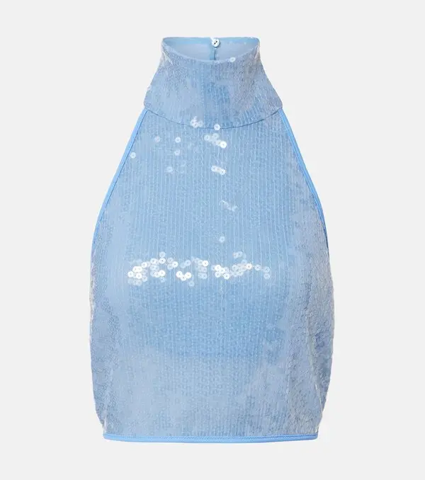 Oseree Sequined Halterneck Crop Top - Blue