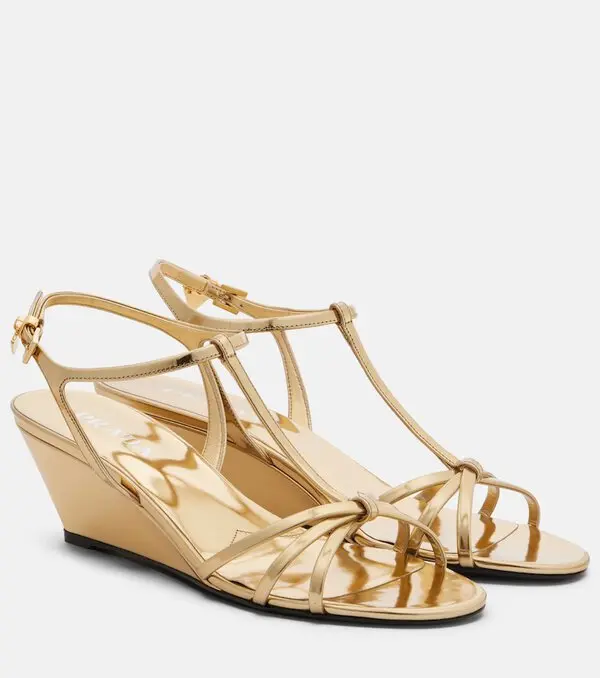 Prada Metallic Leather Wedge Sandals - Gold