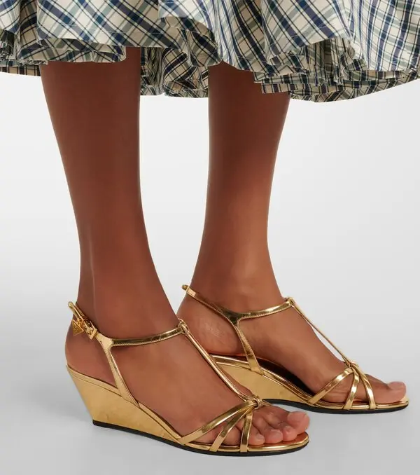 Prada Metallic Leather Wedge Sandals - Gold