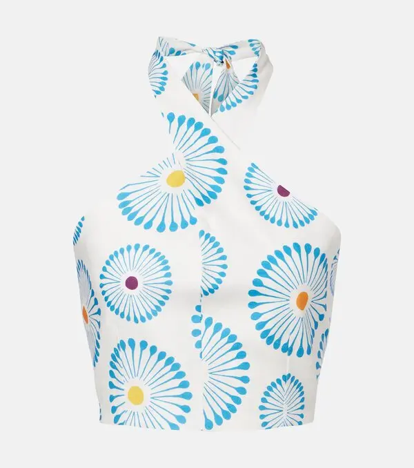 CALA DE LA CRUZ Floral Print Halterneck Linen Crop Top - White