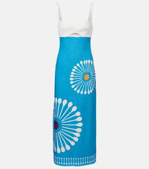 CALA DE LA CRUZ Nara Cutout Floral Linen Midi Dress - Blue