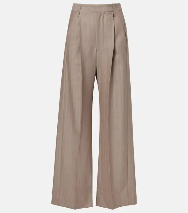 Victoria Beckham Pleated Virgin Wool Herringbone Trousers - Grey