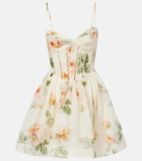 Zimmermann Carousel Floral Silk And Linen Bustier Dress - White
