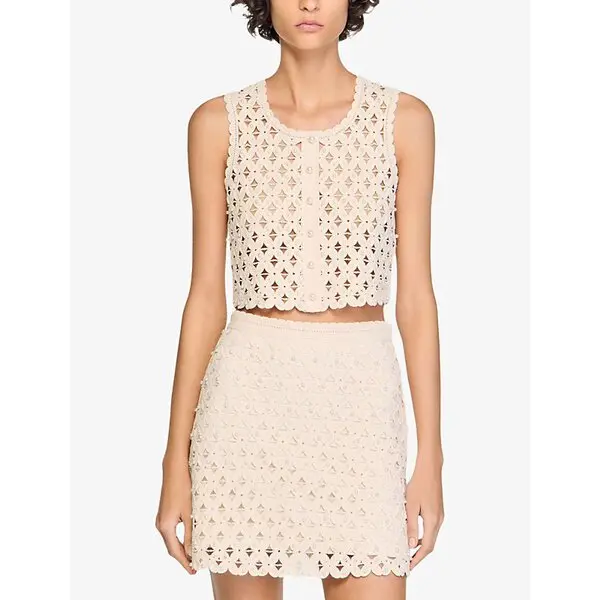Sandro Cropped Bead-embellished Crochet Cardigan - Ecru