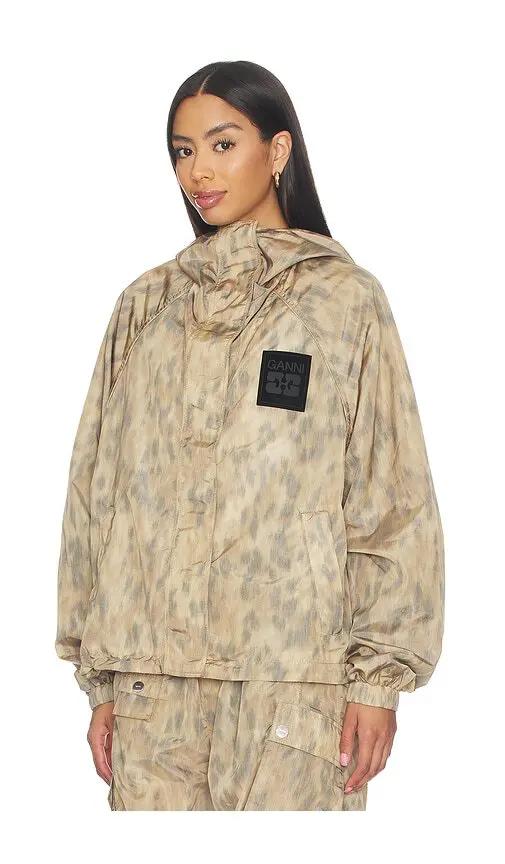 GANNI Printed Flyweight Nylon Hooded Jacket - Beige