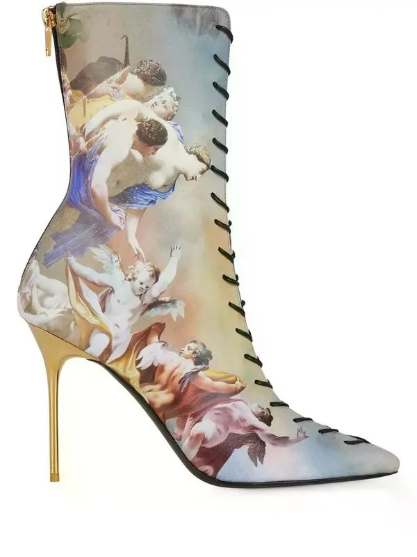 Balmain Graphic-print Lace-up Stiletto Ankle Boots - Neutrals