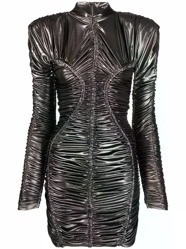 Balmain Metallic Ruched High Neck Long Sleeve Mini Dress