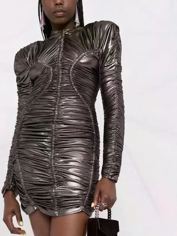 Balmain Metallic Ruched High Neck Long Sleeve Mini Dress
