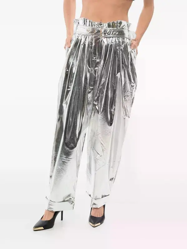 Balmain High-waisted Tapered Trousers With Belted Waist - Silver