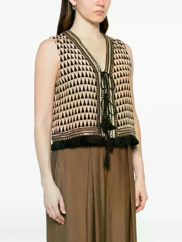 Dixie Geometric Print Sequin-embellished Sleeveless Fringed Blouse
