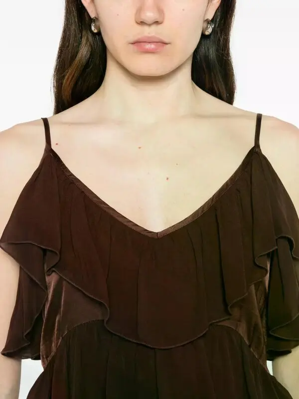 Dixie Ruffled V-neck Spaghetti Strap Blouse - Brown