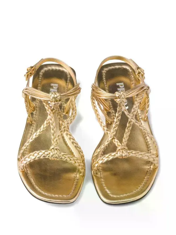 Prada Flat Mordoré Nappa Leather Braided Sandals - Gold