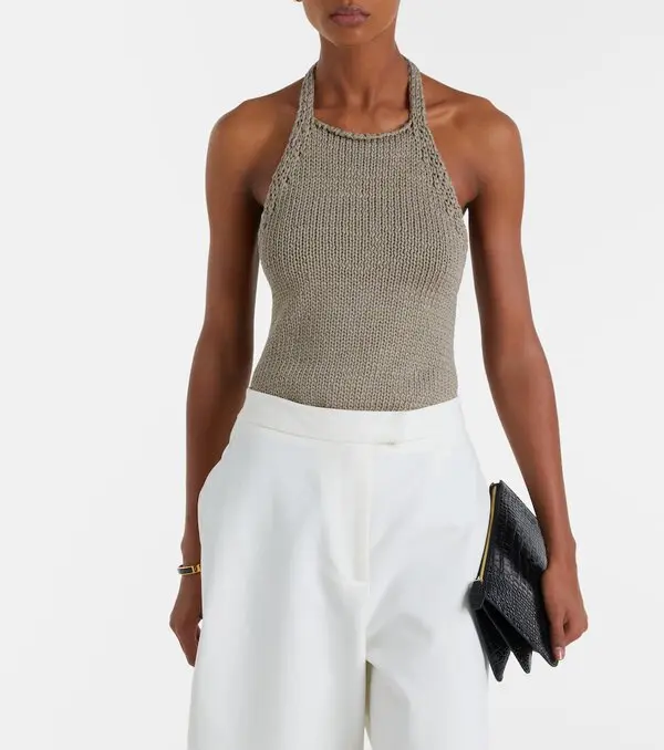 RÓHE Knitted Halterneck Cotton Top - Beige
