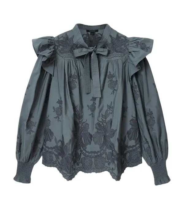 ALLSAINTS Nisa Embroidered Cotton Blouse With Ruffle Shoulders And Tie Neck