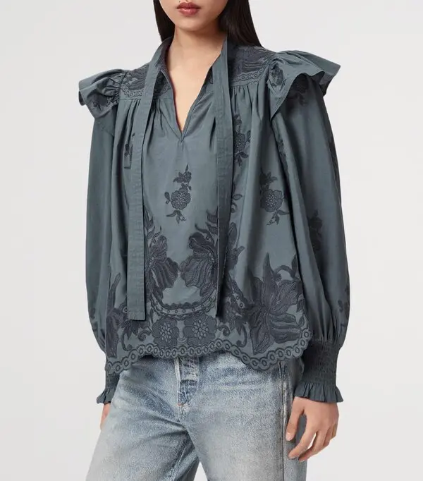ALLSAINTS Nisa Embroidered Cotton Blouse With Ruffle Shoulders And Tie Neck