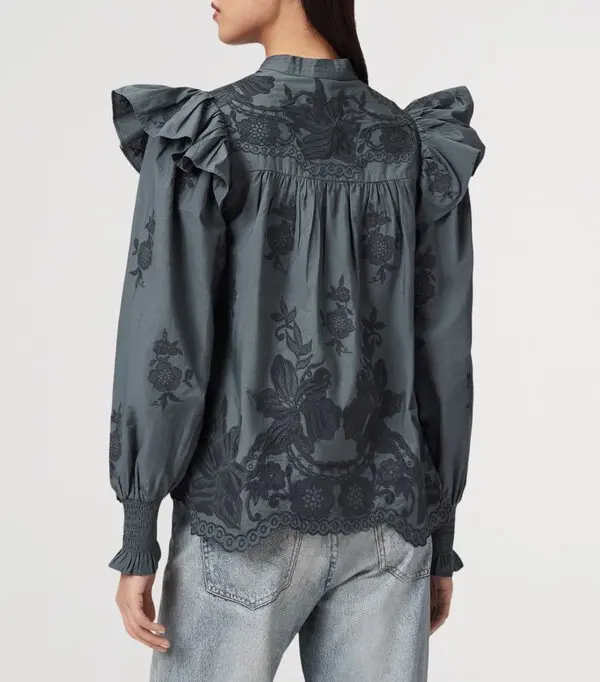 ALLSAINTS Nisa Embroidered Cotton Blouse With Ruffle Shoulders And Tie Neck