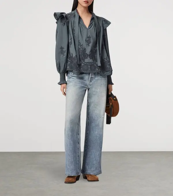 ALLSAINTS Nisa Embroidered Cotton Blouse With Ruffle Shoulders And Tie Neck