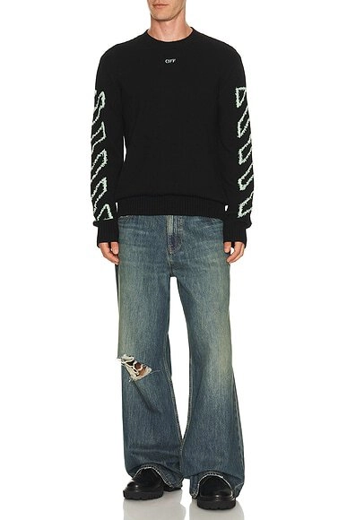 Off-White Fuzzy Knit Crew Neck Sweater With Embroidered Motif