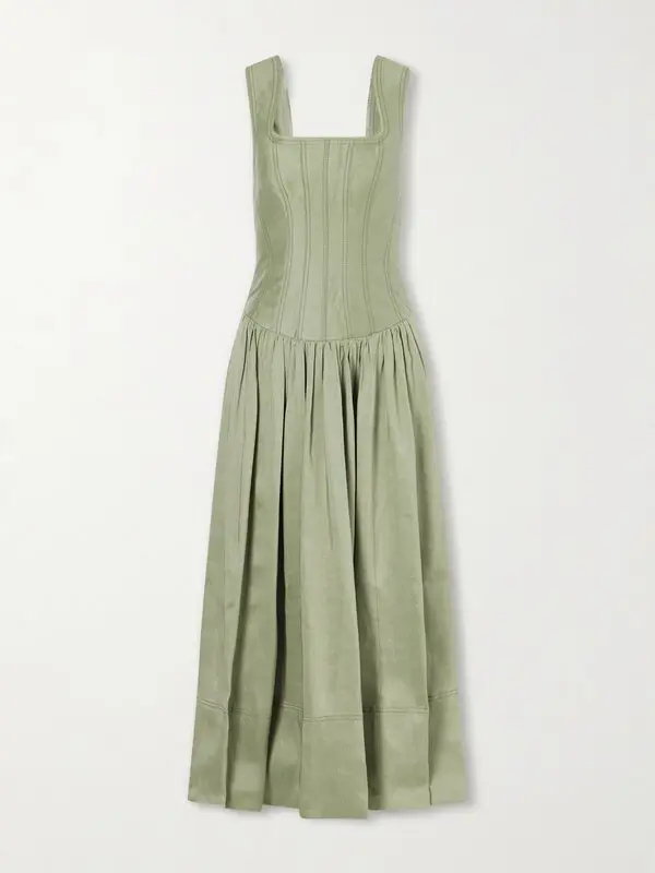 Aje Spirelle Linen-blend Dupione Midi Dress - Green
