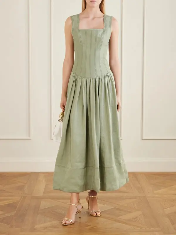 Aje Spirelle Linen-blend Dupione Midi Dress - Green
