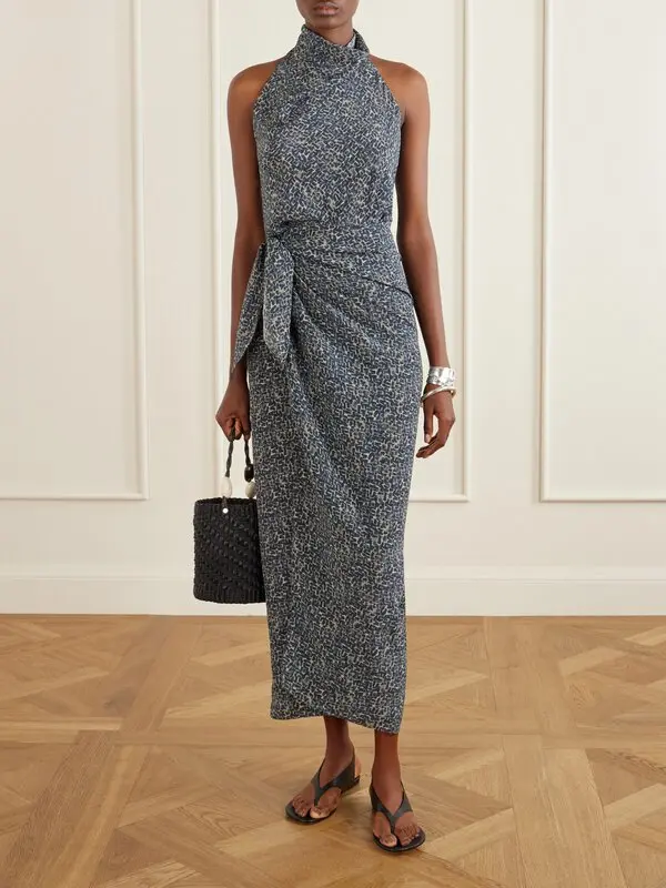 CORTANA Corallo Printed Silk Halterneck Midi Dress