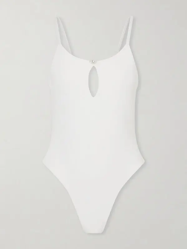 SARA CRISTINA Pearl Embellished Cut Out Ribbed Swimsuit - White