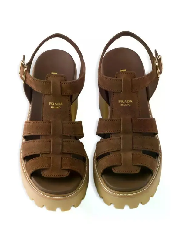 Prada Suede High-heeled Platform Sandals With Buckle - Brown