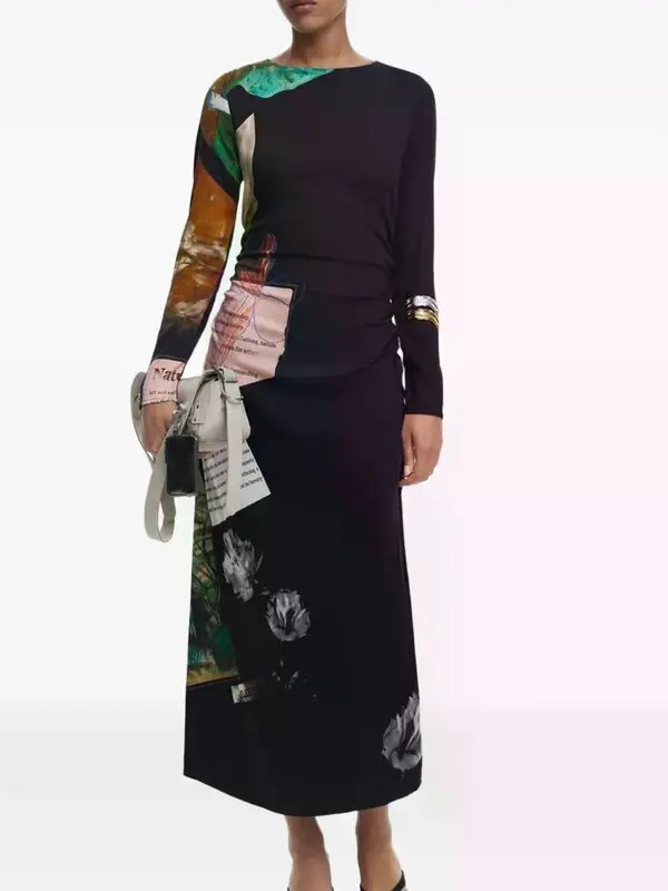 Desigual Patchwork-print Ruched Midi Dress - Black